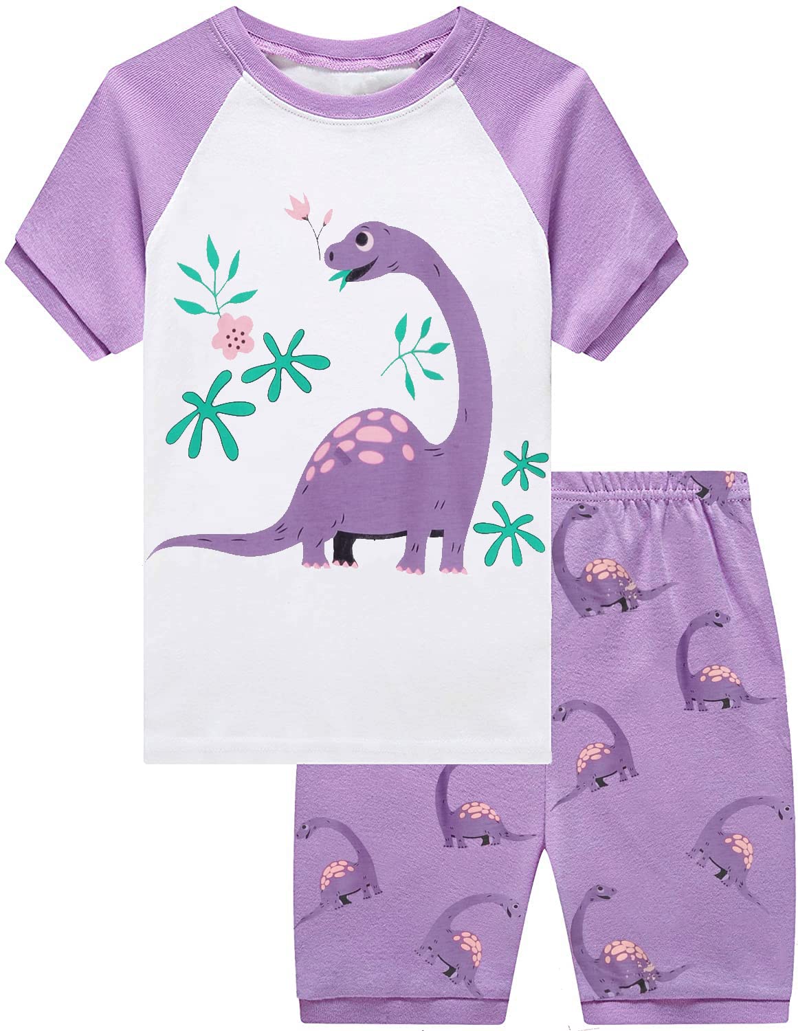 Little Hand Kids & Toddler Girls Dinosaur Pajamas 2 Piece Pjs Short Sets Summer Purple Sleepwear 5T