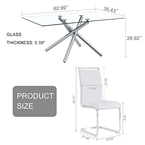 Ebullient 63" Glass Dining Table Set for 6 Modern Tempered Glass Top Dining Room Table with 6 Pcs White Faux Leather Dining Chairs，Kitchen & Dining Room Sets (Silver Base, White)