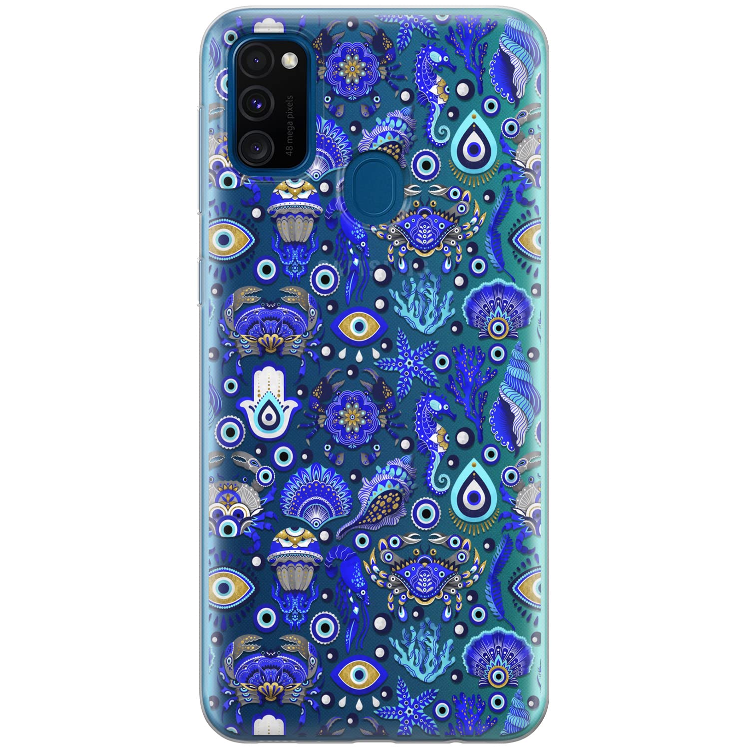 Cavka Phone Case Compatible with Samsung Galaxy A73 A72 5G A71 A54 A52 A42 A34 A32 A14 A11 Blue Evil Eye Bumper Silicone Beach Crab Aesthetic Boho Transparent Lightweight Clear Shockproof TPU Fancy