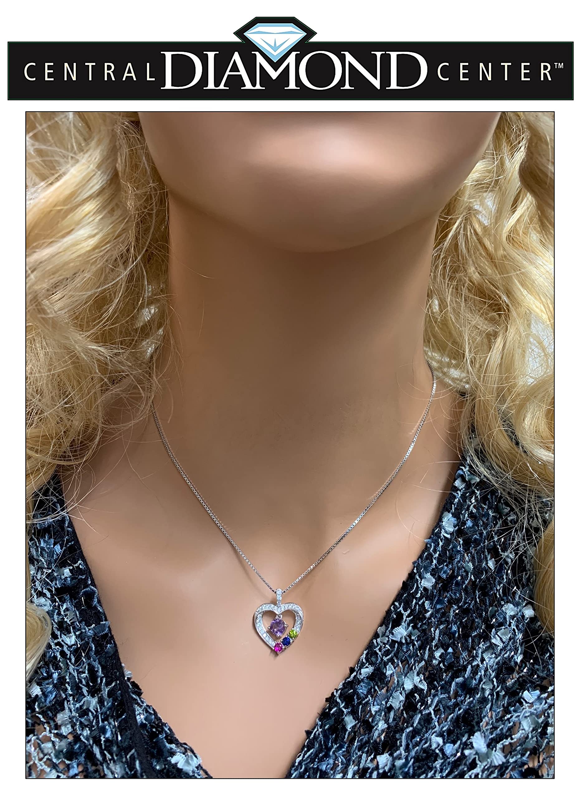 Central Diamond Center Mother & Child Heart Birthstone Necklace 1-6 Stones w/ 22" Adj. Box Chain -Silver Platinum Plated