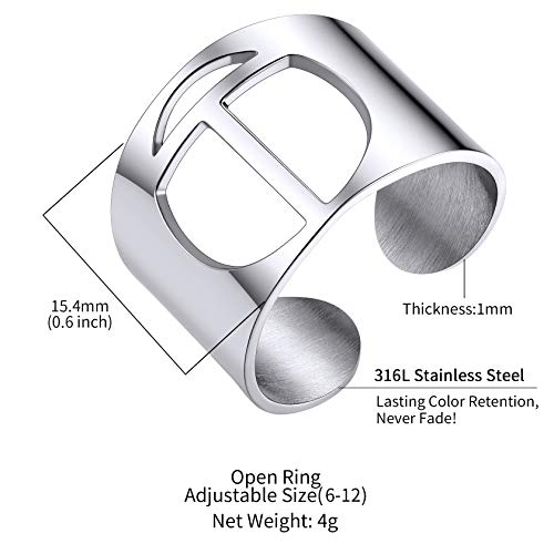 ChainsHouse Personalized Stainless Steel Bold Initial A-Z Letter Open Ring Adjustable Women Statement Rings Party Open Alphabet Cuff Rings(Letter T)