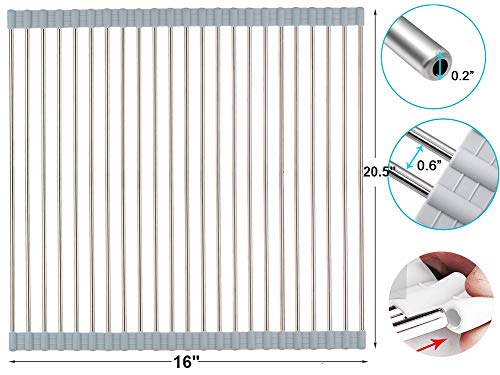 EC ELEGANTCHARM Roll Up Dish Drying Racks, Over Kitchen Sink Counter Rv Wide 17.5" x 16" Rollup Dish Rack, Foldable Stainless Steel Multipurpose Heat Resistant Rolling Dishes Drainer