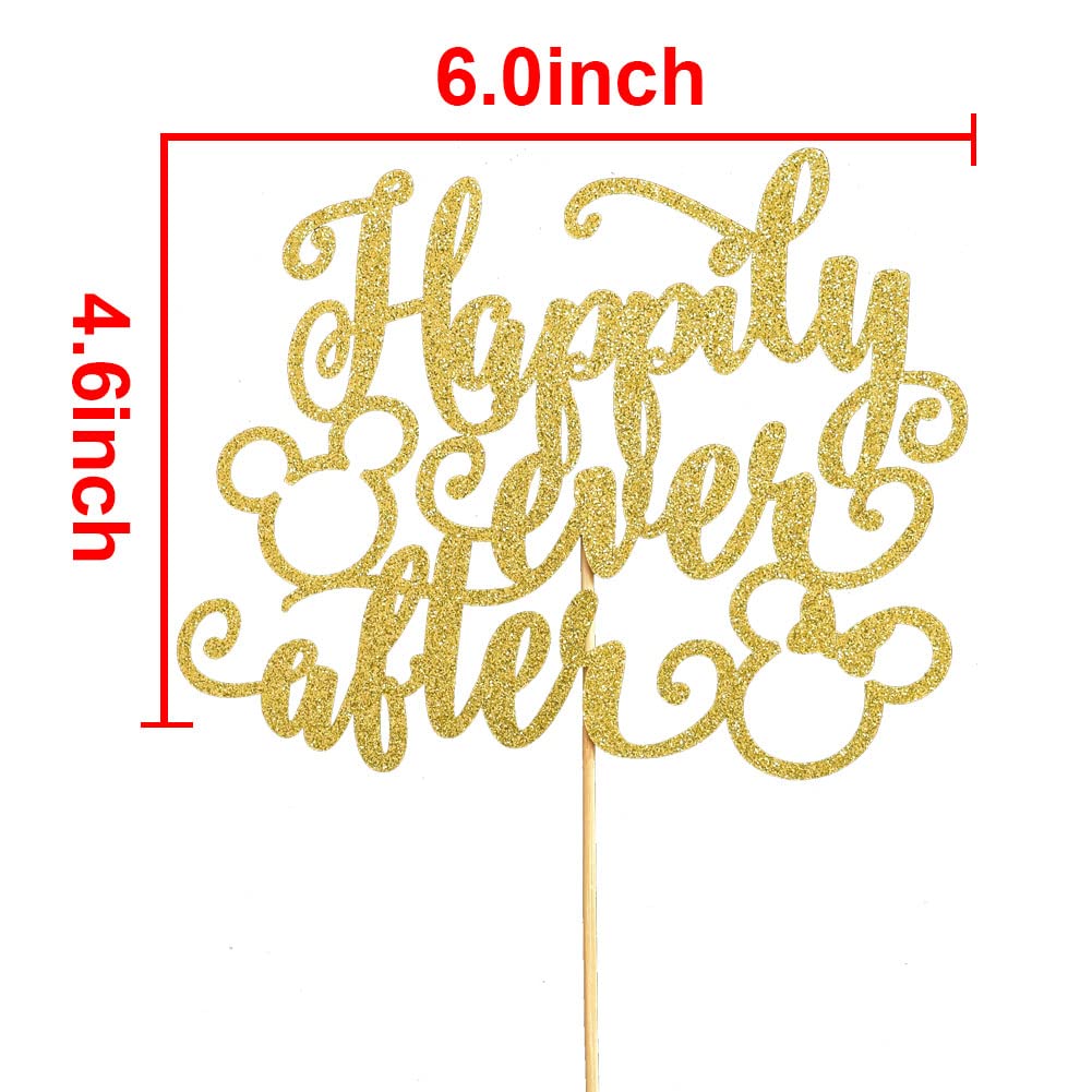 Happily Ever After with Cartoon Mice Cake Topper, Mouse Inspired Themed Wedding Engagement Bridal Shower Party Decorations, Gold Glitter