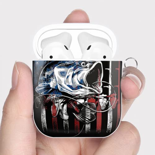 Fishing American Flag USA Bass Fish for AirPods Case Cover for Airpods 1&2, Wireless/Wired Charging Protective AirPods Case with Keychain White