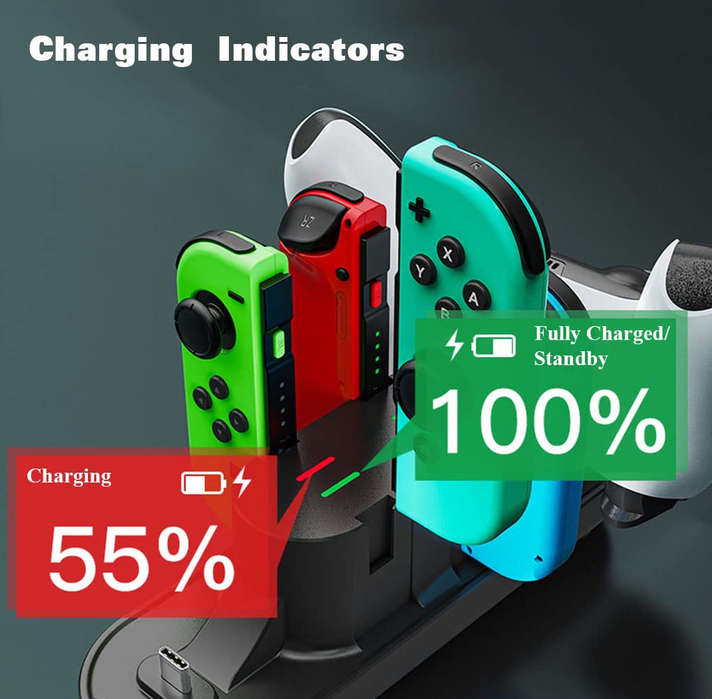 Controller Charging Dock Station Compatible with Nintendo Switch & OLED Model Joycons, 6 in 1 Charger Dock for Nintendo Switch Joy-Con and Pro Controllers