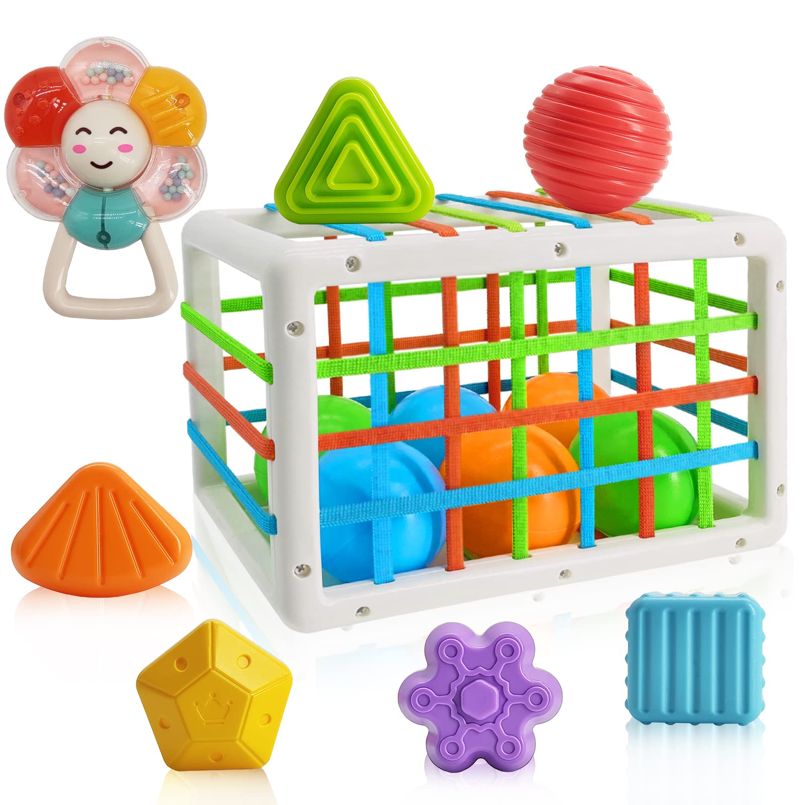 QYA Baby Shape Sorter Toy,Sensory Sorting Bin with Elastic Bands (12 Pcs Sensory Shape and 2 Pcs Handheld rattles) Montessori Toys for 1 2 3 Year Old,Gifts for Early Education Toddlers