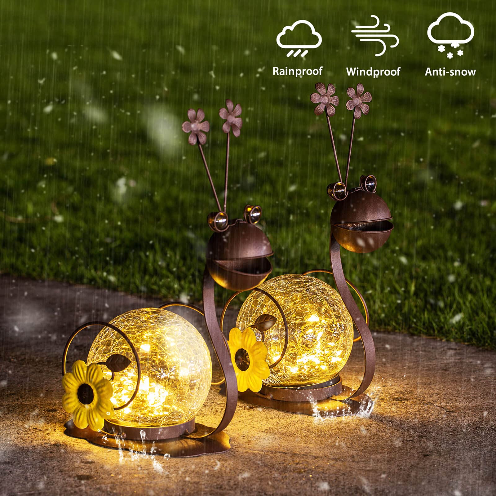 Darkdec Solar Globe Lights Outdoor Snail Garden Decor - 2 Pack Cracked Glass Solar Ball Lights Warm White Metal Snail Garden Lights Solar Powered Waterproof for Patio Yard Lawn