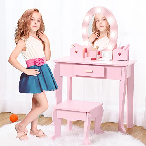 Bophy Girls' Vanity Table and Chair Set, Kids Makeup Dressing Table with Lights & Wood Makeup Playset, Kids Vanity Set with Mirror & Drawer for Age 4-9, Pink (STM-101PA)