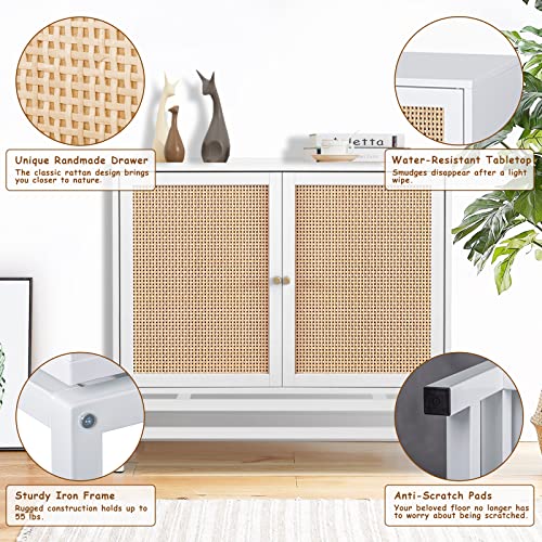 Recaceik Ratten Sideboard Buffet Cabinet/Console Table, Natural Accent Storage Cabinet with 2 Ratten Doors and Metal Legs, Rustic Wood Sideboard Furniture for Bedroom, Kitchen