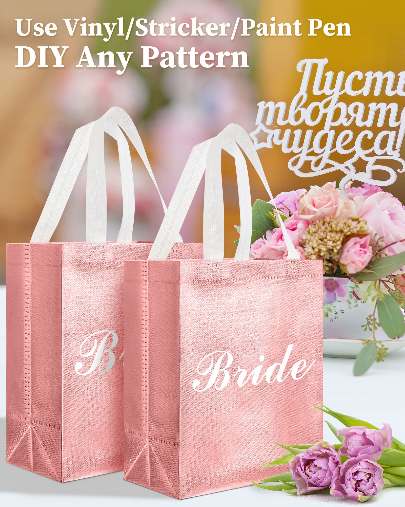 Eccliy 80 Pieces Gift Bags Set Glossy Reusable Tote Bags with Handles Grocery Bags for Wedding, Bachelorette Party, Christmas (Rose Gold,Medium)