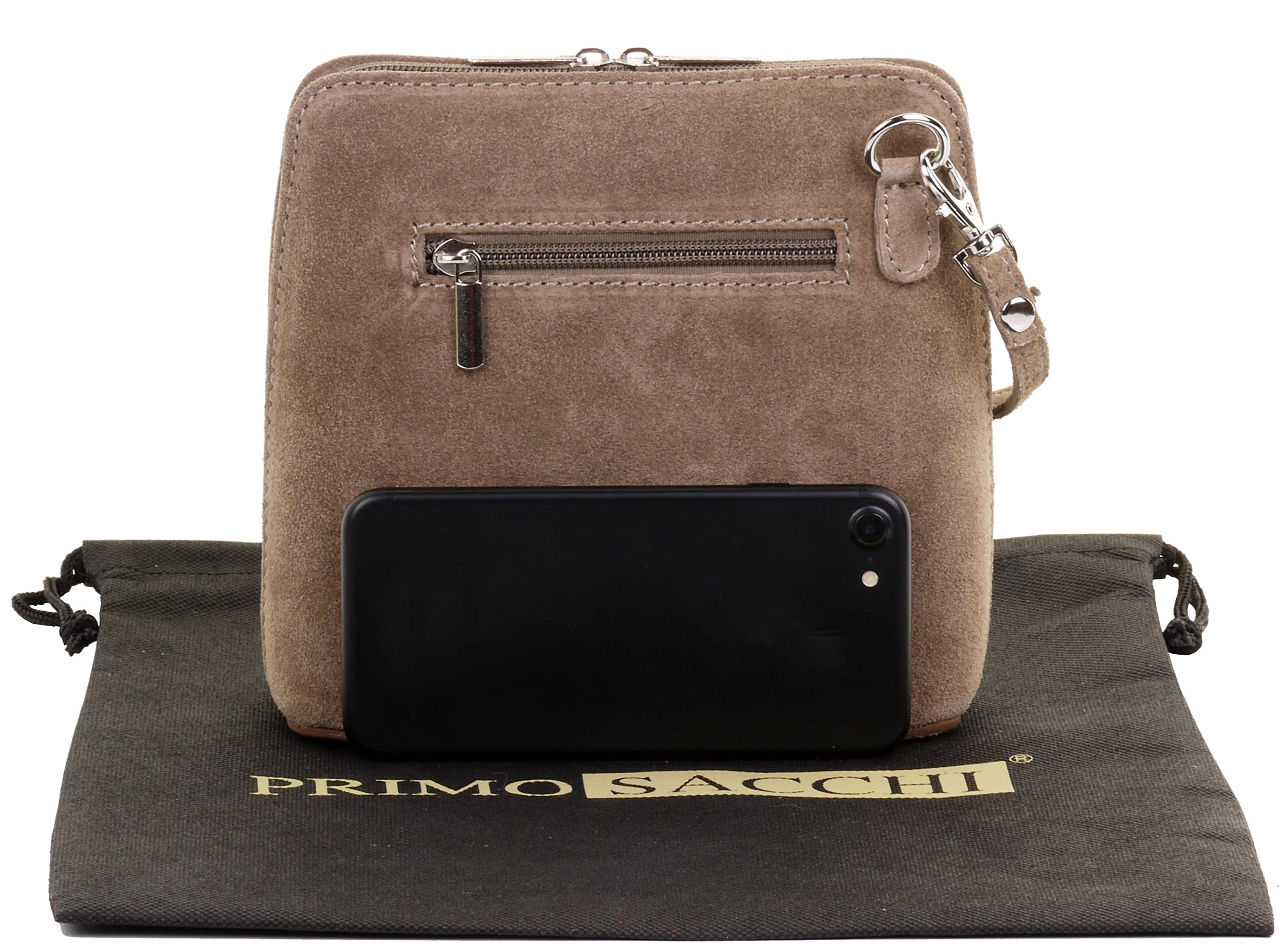 PRIMO SACCHI Ladies Italian Suede Leather Small Micro Dark Beige Crossbody Shoulder Bag Handbag Purse