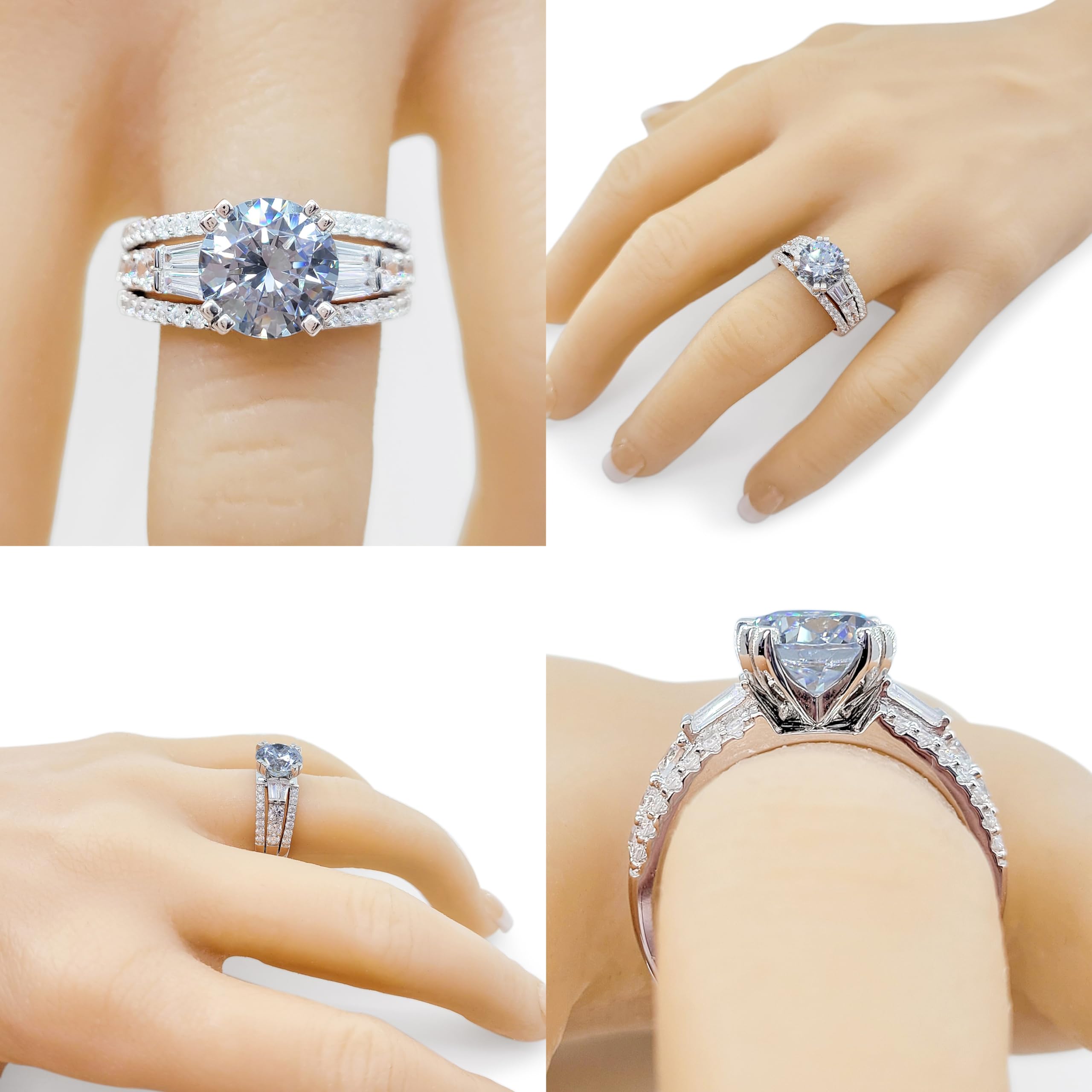 Central Diamond Center Sterling Silver Round & Baguette Engagement Ring with a 9.00mm - 3.00ct Round Center Stone - Size 5