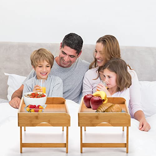 Lawei 2 Pack Bamboo Bed Tray Table with Foldable Legs, Portable Lap Tray Table for Serving Breakfast in Bed, Food Snack Tray for Bed, Sofa, Outdoor, Working, Eating, Drawing, Ideal for Kids, Adult