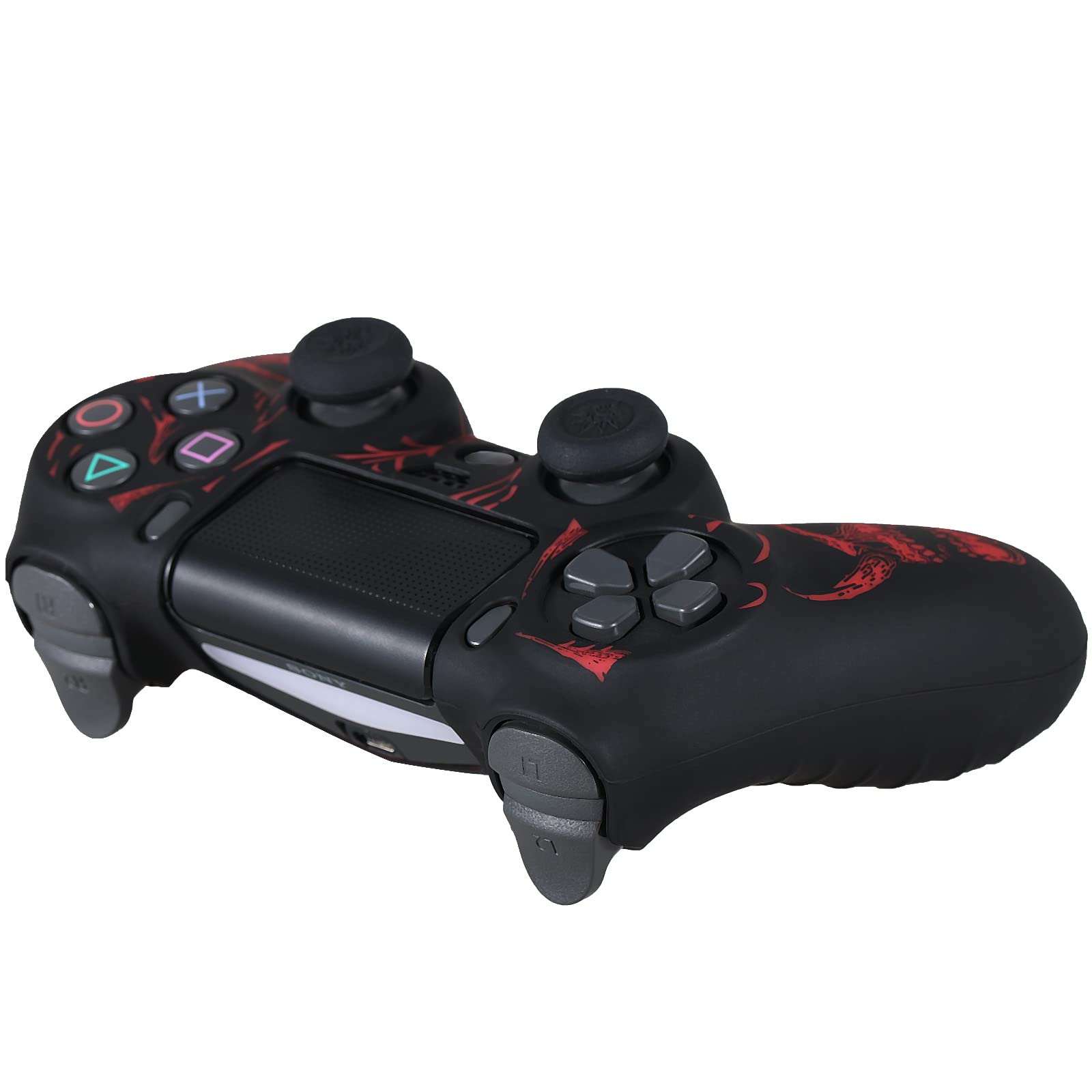 YoRHa Laser Carving Silicone Skin for PS4 Controller x 1(Skulls Red) with Exclusive Thumb Grips x 8