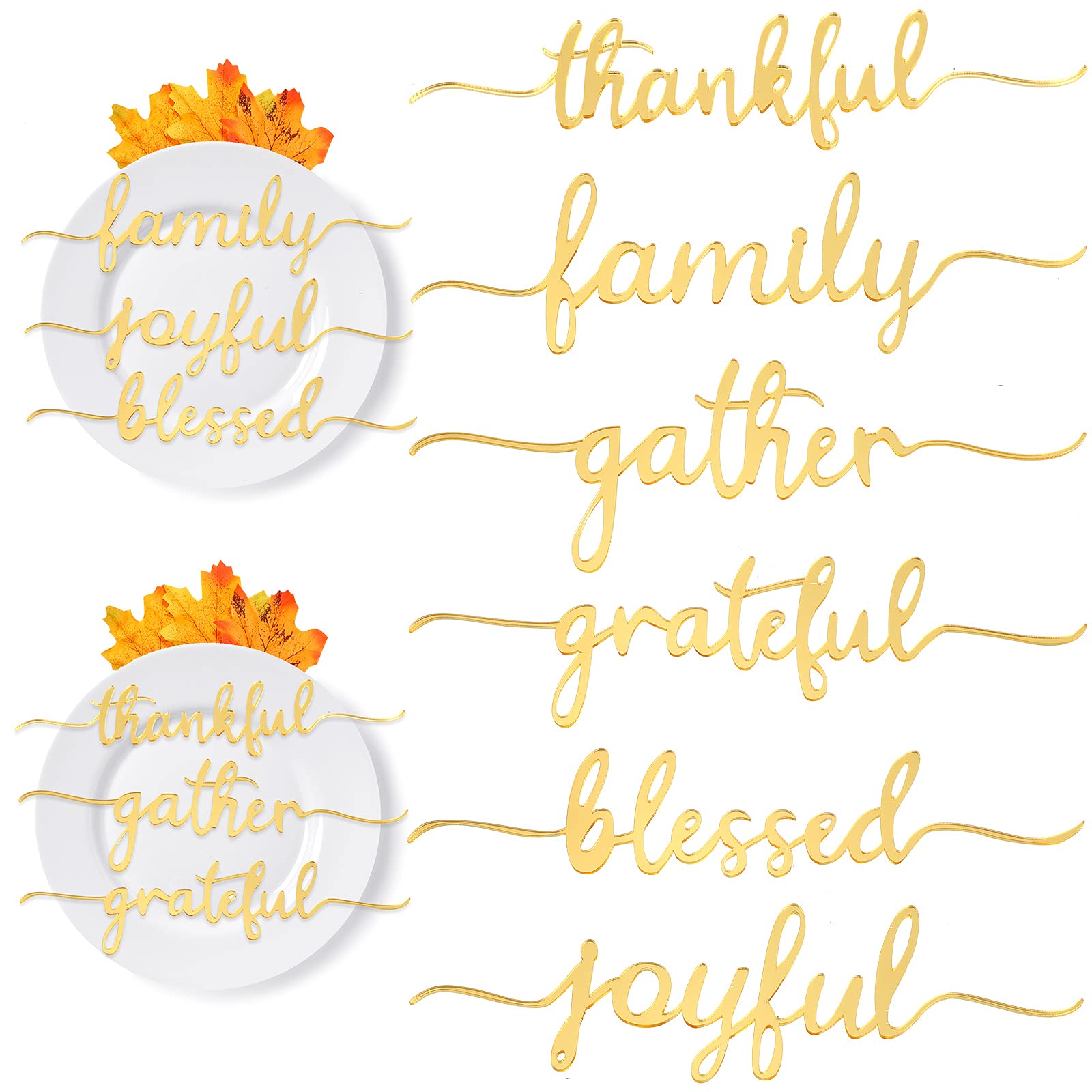 Marsui 12 Pieces Thanksgiving Acrylic Cutouts 6 Patterns Thankful Plate Sign Place Cutouts Grateful Blessed Gather Fall Plate Decors for Thanksgiving Table Decor Home Party(Vivid Style,Gold)