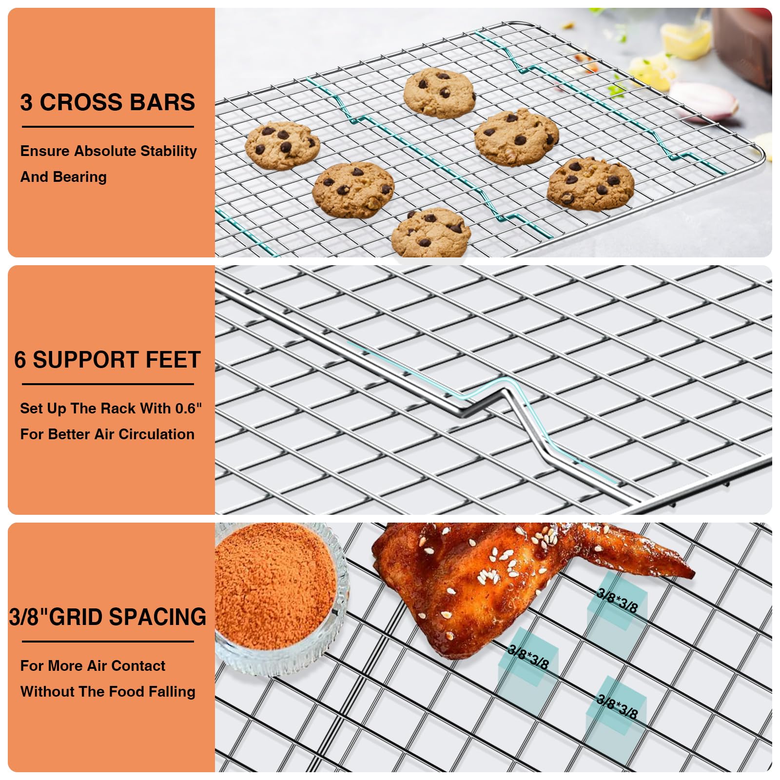 Cooling Rack for Baking 2-Pack, 15 x 10 Inches Baking Rack, Stainless Steel Wire Cookie Rack Fits Jelly Roll Sheet Pan, Oven Safe for Cooking, Roasting, Grilling