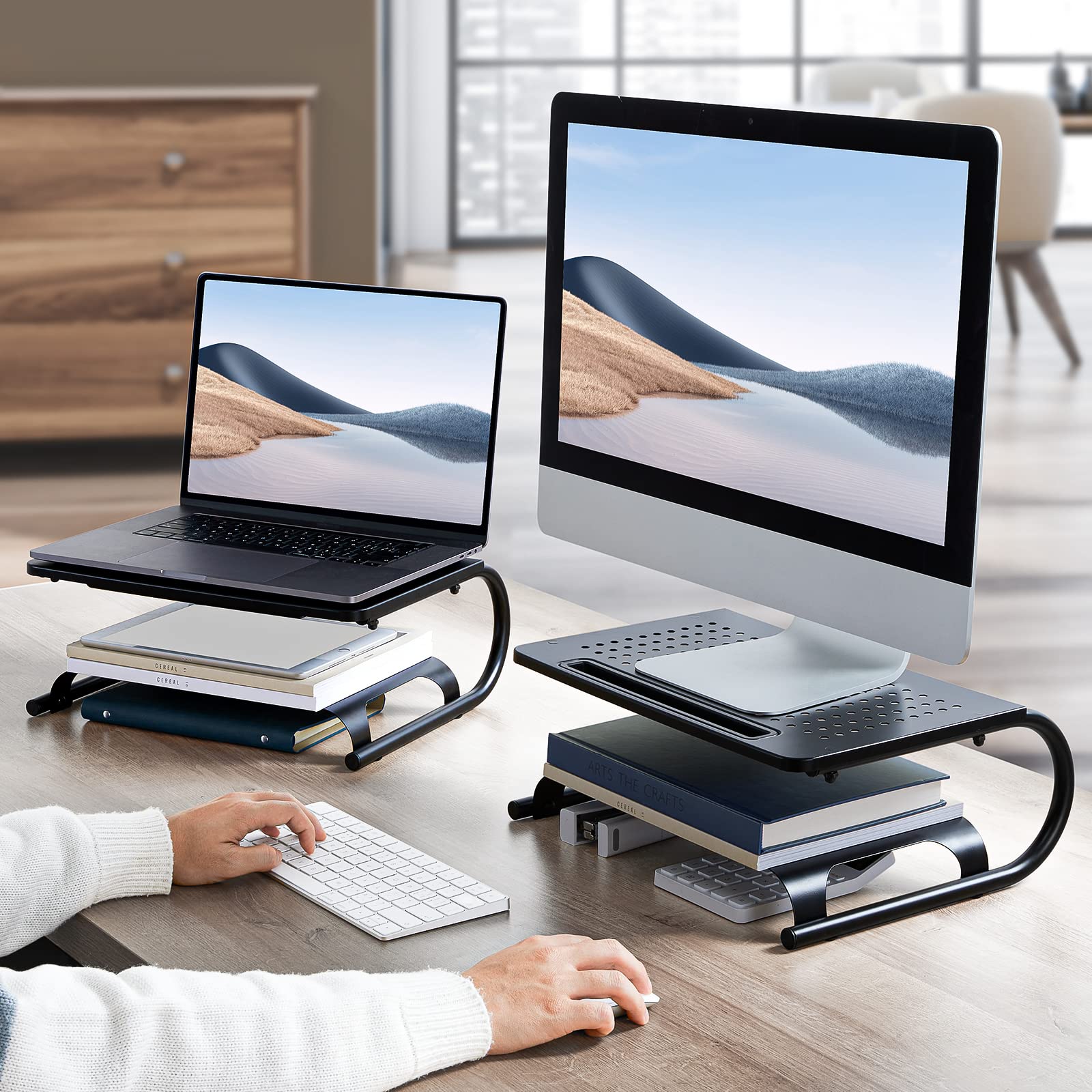 LORYERGO Monitor Stand, Monitor Riser, Computer Stand with Media Solt, Laptop Riser with Vents, 2 Tier Monitor Stand Riser with Storage for Printer/PC, Desktop Stand Organizer - Office & Home