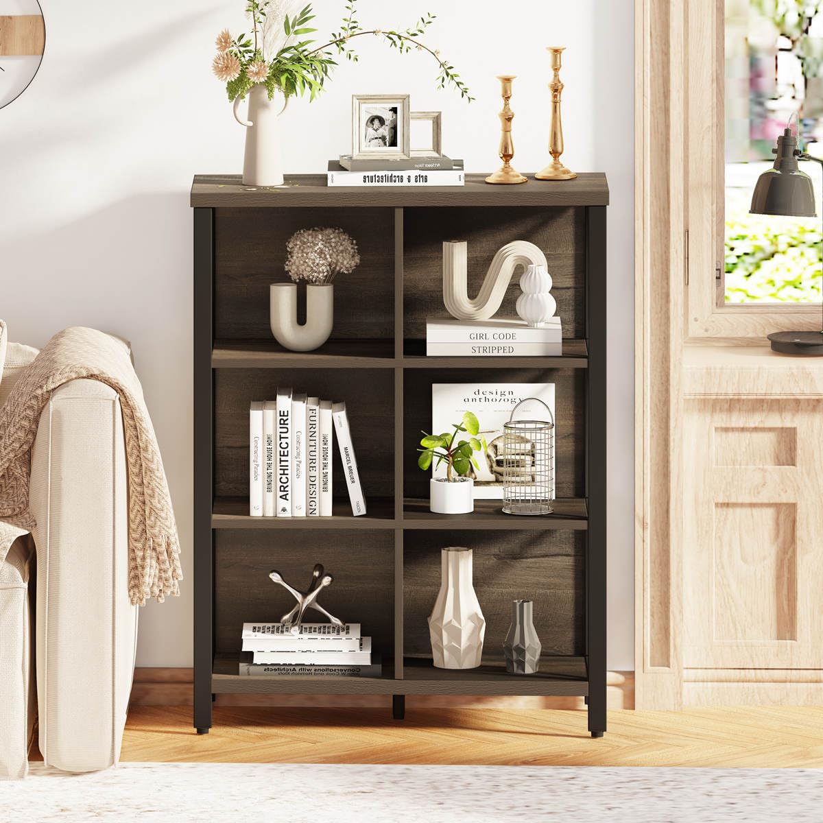 FATORRI Bookshelf with Drawer and Storage Bench and 6 Cube Bookshelf for Hallway Entryway Living Room (Walnut Brown+White Oak)