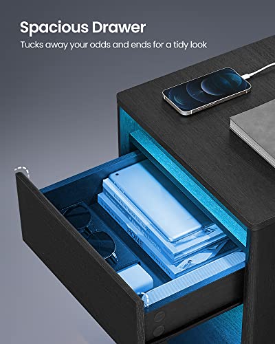 VASAGLE Nightstand with Charging Station, Side End Adjustable LED Lights, Bedside Table with Drawer 2 AC Outlets, 2 USB Ports, Modern, for Bedroom, 13.7" D x 15.7" W x 21.7" H, Black