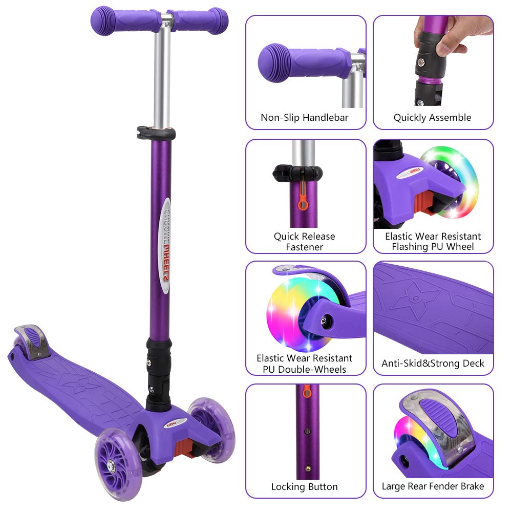 ChromeWheels Scooters for Kids, Deluxe Kick Scooter Foldable 4 Adjustable Height 132lbs Weight Limit 3 Wheel, Lean to Steer LED Light Up Wheels, Best Gifts for Girls Boys Age 3-12 Year Old, Purple