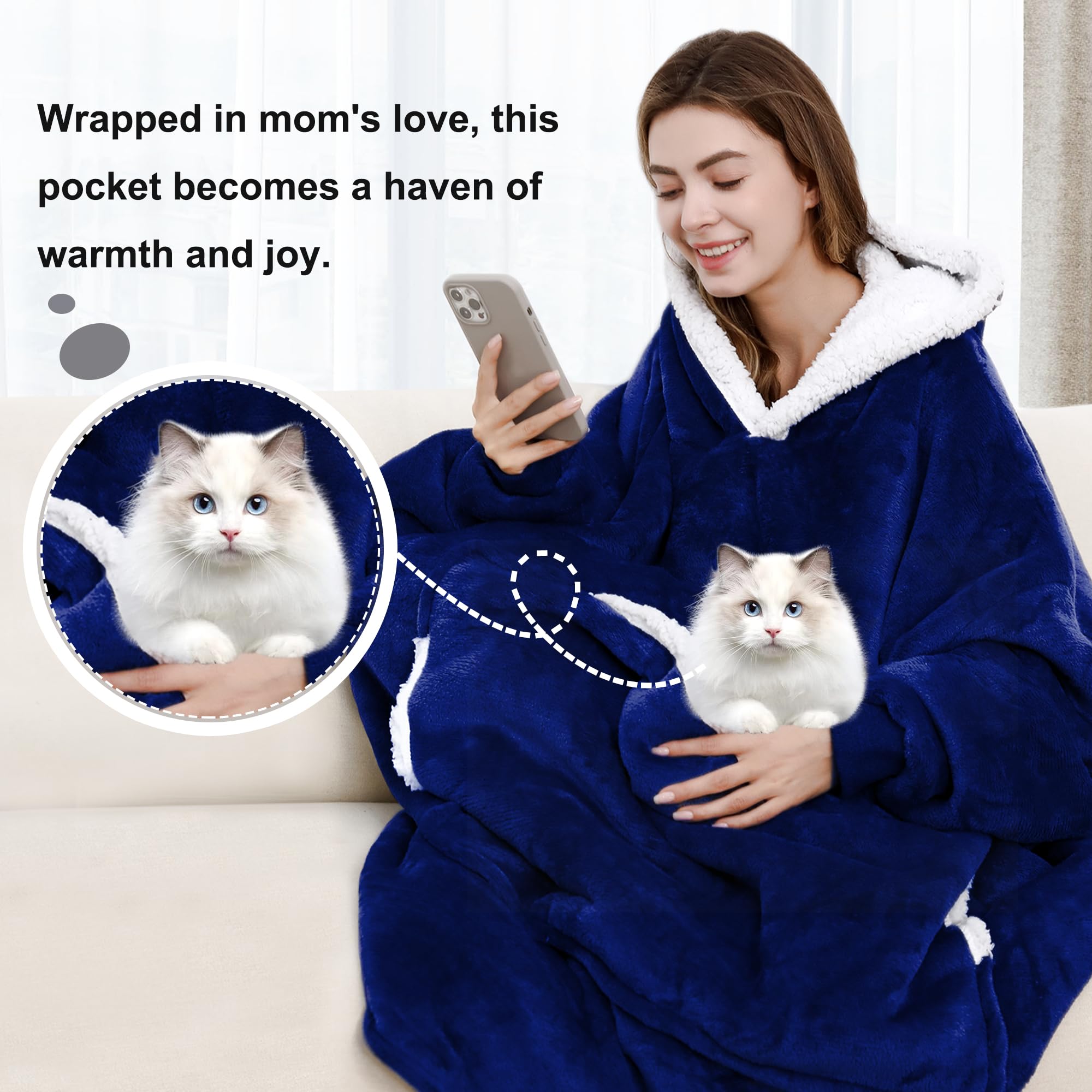 Convend Oversized Wearable Blanket Hoodie with Giant Pocket (Pet Favorites),Blanket Sweatshirt for Women and Men,Thick Flannel Blanket with Sleeves (Navy)