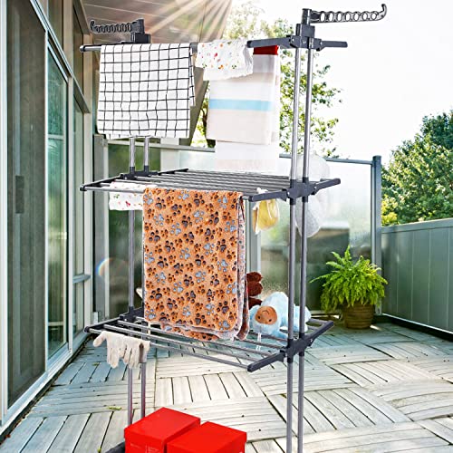 iMounTEK Clothes Drying Rack, Oversize 3-Tier Drying Rack Clothing (70" Height) Rolling Clothes Rack Laundry Drying Rack Clothing Drying Rack Garment Dryer Stand with 2 Side Wings
