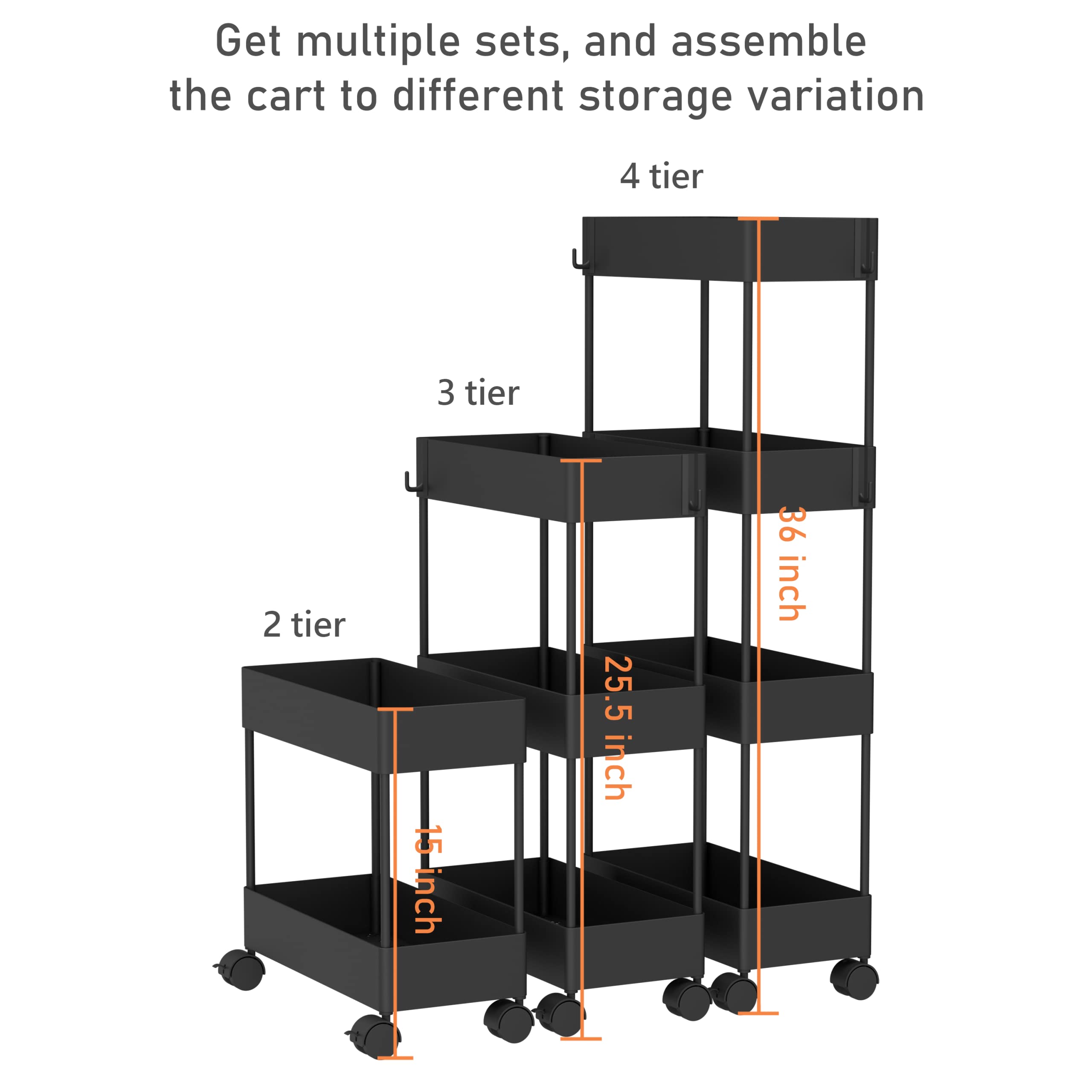 CAXXA 3 Tier Slim Mobile Utility Cart Rolling Cart,Plastic Basket Storage Organizer, for Kitchen Laundry Bathroom Living Room Narrow Place Slide Out Storage Cart with Casters (Black, 15.75Lx7W)