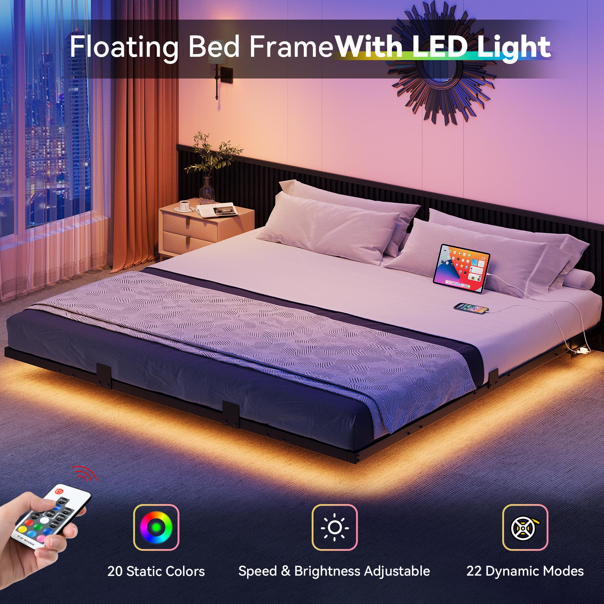 DWVO King Size Floating Bed Frame with Charging & LED Lights, King Metal Platform Bed with Sturdy Steel Slats, No Requirement for Box Spring, Simple Assembly, Black