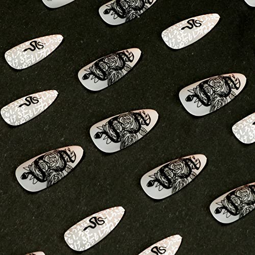 IMSOHOT Matte Long Press on Nails Almond Stiletto Snake Fake Nails Full Cover Black False Nails with Designs White Glue on Nails Acrylic Nails for Women