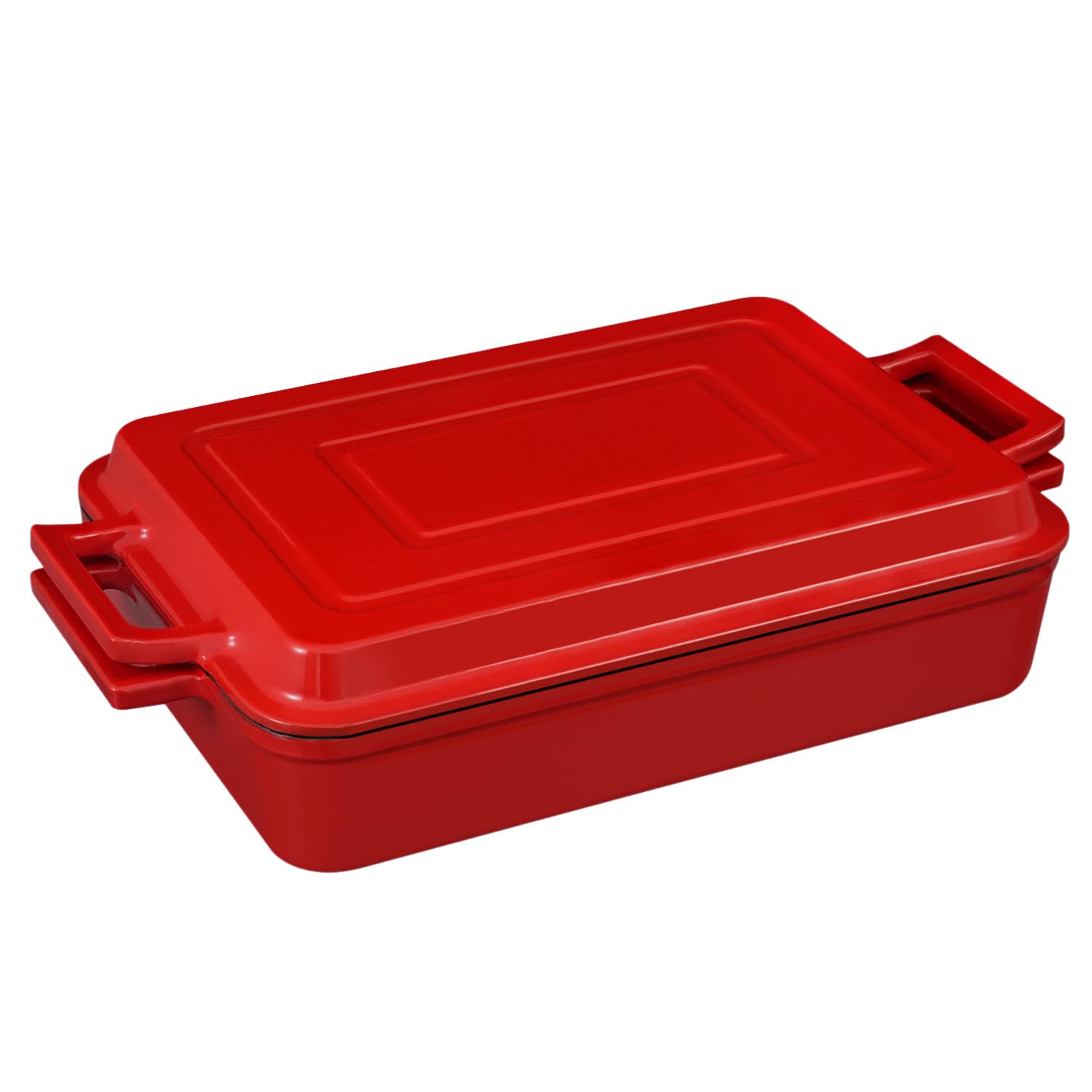 Flavehc Cast Iron Casserole Dish with Skillet Lid 9"x13" Rectangle Casserole Dishes for Oven Cast Iron Baking Dish Cast Iron Lasagna Pan Lasagna Baking Dish Red