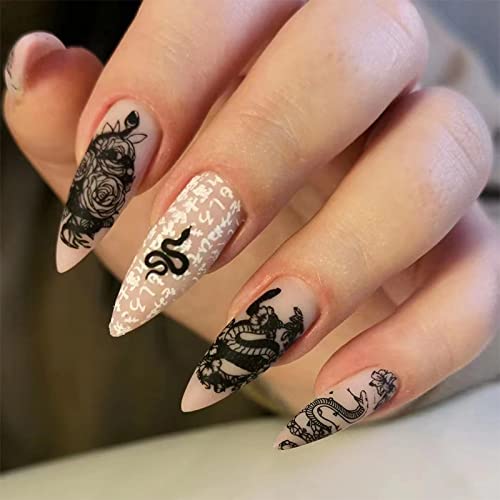 IMSOHOT Matte Long Press on Nails Almond Stiletto Snake Fake Nails Full Cover Black False Nails with Designs White Glue on Nails Acrylic Nails for Women