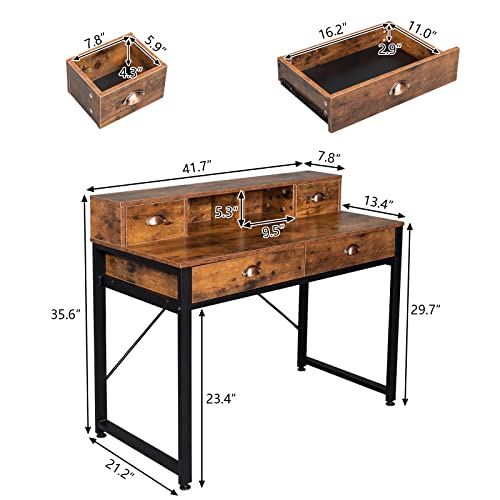 KOILYS Computer Desk with Drawers and Monitor Stand, 42" Home Office Study Writing Desk, Industrial Laptop Desk Workstation, Small Writing Desk with 4 Drawers for Small Place