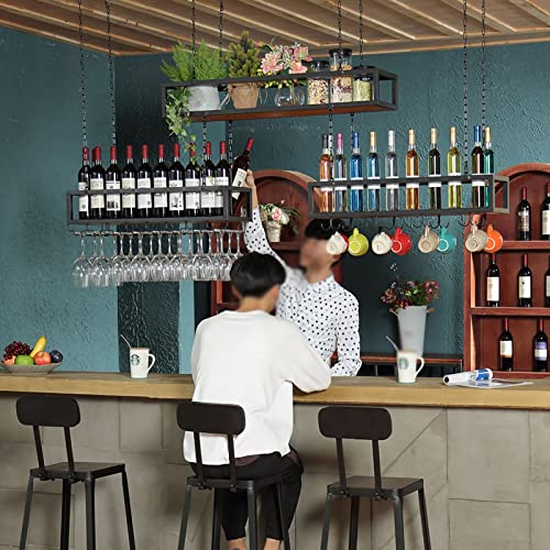 Guuurrrg Ceiling Mount Shelf Simple Style Iron Hanging Wine Glass Rack, 2 Layer Ceiling Decoration Shelf with Adjustable 100cm Iron Chain, for Bars, Restaurants, Kitchens (Black 120 x 25 x 22cm)