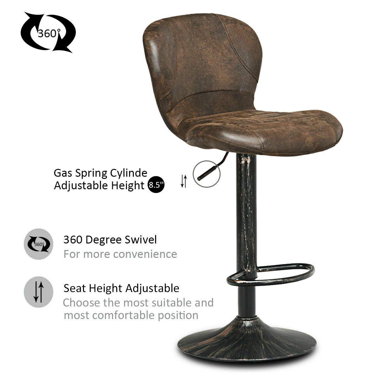 COSTWAY Bar Stools Set of 2, Adjustable Swivel Barstools with Back, Hot-stamping Cloth and Chrome Footrest, Barstools Bar Height Chairs for Kitchen Dining Living Bistro Pub, Retro Brown