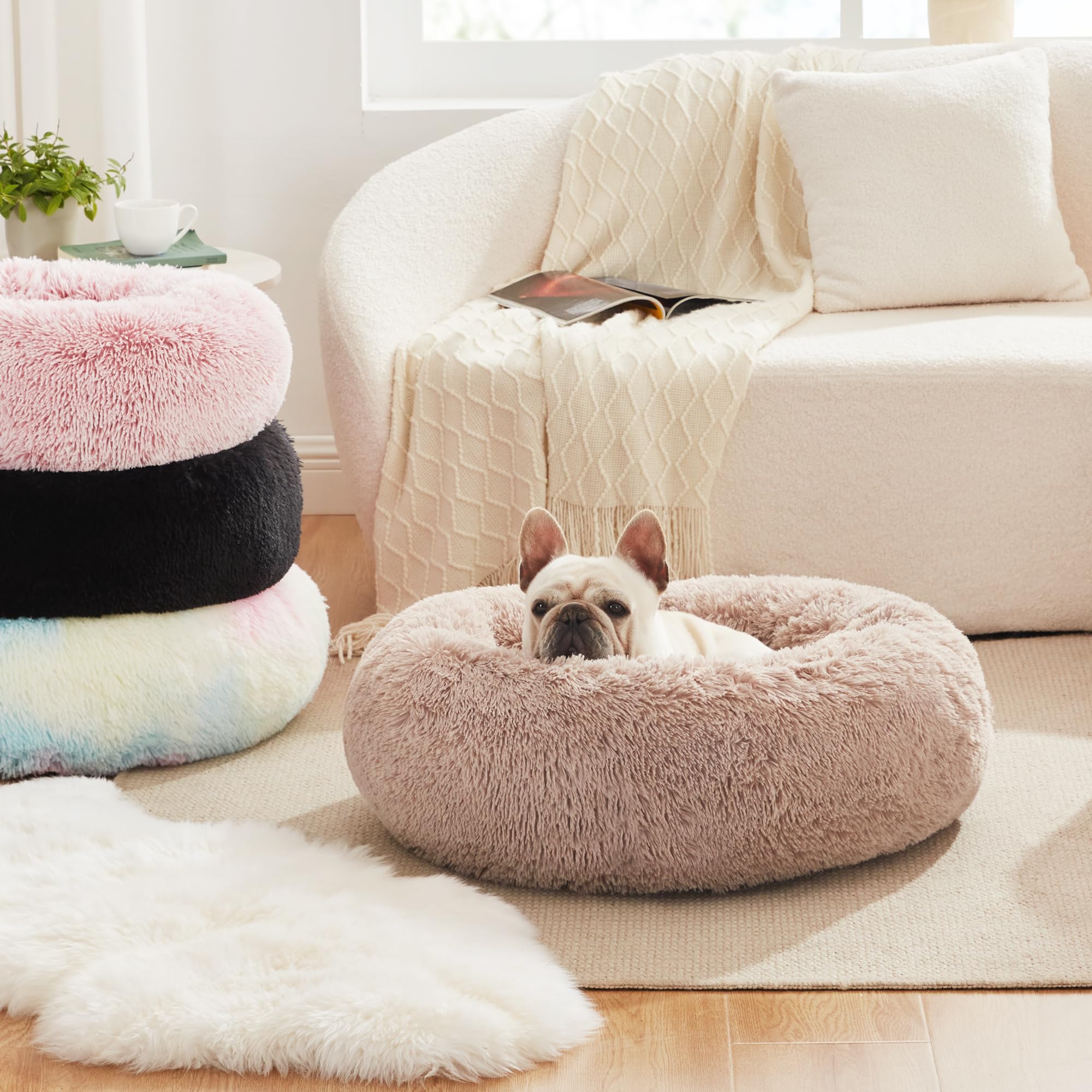 Love's cabin 24in Cat Beds for Indoor Cats - Cat Bed with Machine Washable, Waterproof Bottom - Grey Fluffy Dog and Cat Calming Cushion Bed for Joint-Relief and Sleep Improvement