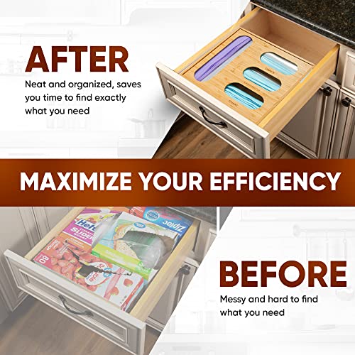 HidzBasics Ziplock Bag Organizer โ Bamboo Ziplock Bag Storage Organizer for Gallon, Quart, Sandwich, and Snack Size Food Bags โ Baggie Organizer for Kitchen Drawer and Pantry โ Wooden Slider Lid