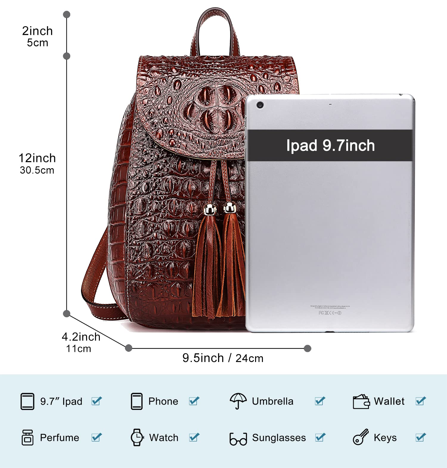 COOLCY Women Small Genuine Leather Backpack Purse Crocodile Designer Bag (Dark Brown)