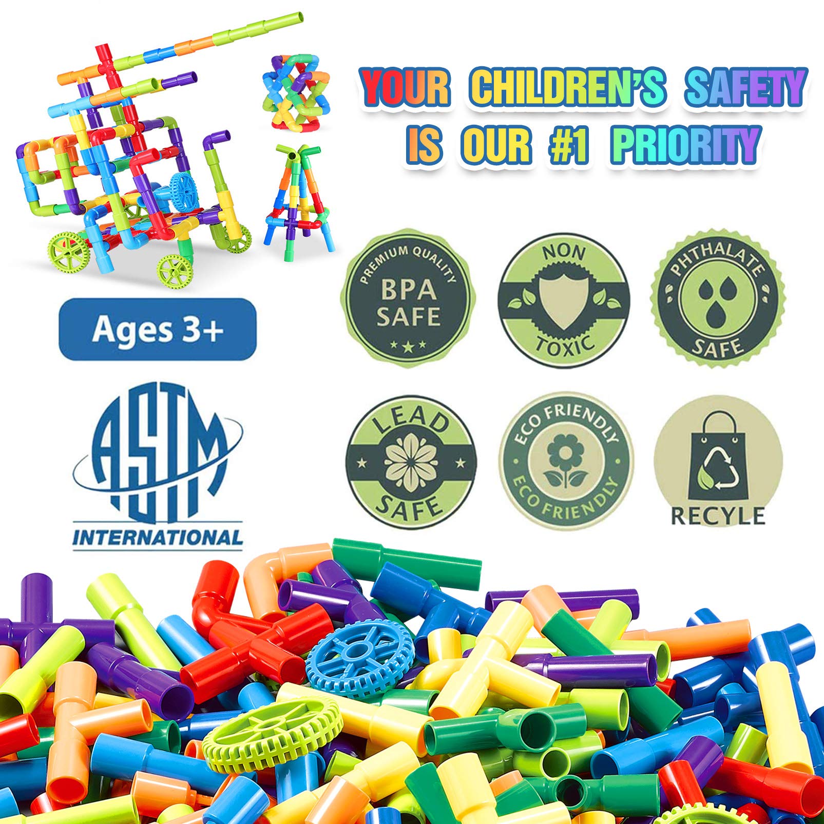 WishaLife 175 Pieces STEM Building Blocks Set, Kids Tube Locks Construction Set with Baseplate, Preschool Educational Pipe Toy Gift for Toddler Aged 3+