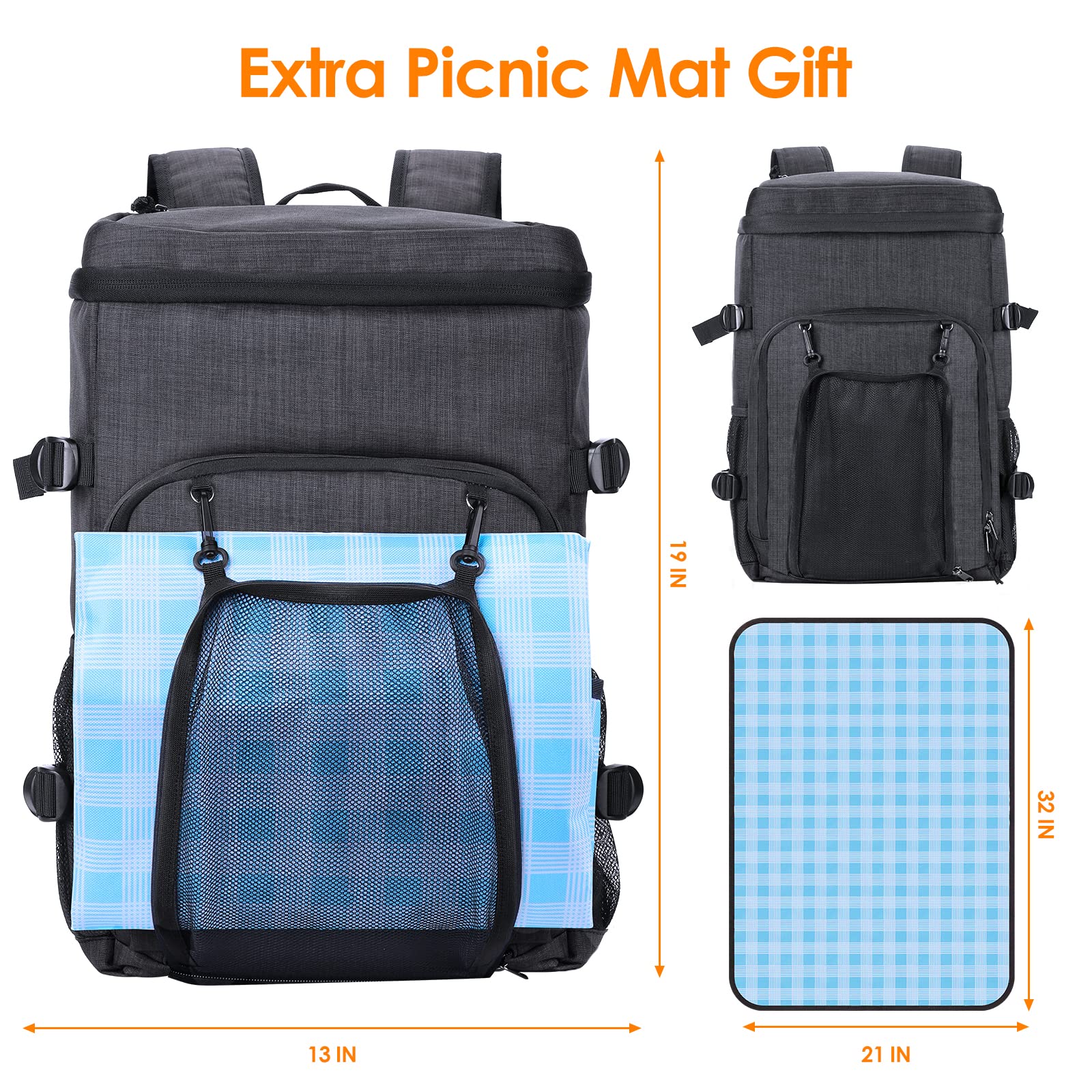 Cooler Backpack Insulated Leak Proof 35 Cans Soft Cooler Bag with Picnic Mat Beach Cooler Lunch Backpack for Picnic Trips Camping Travel Fishing Hiking (Black)