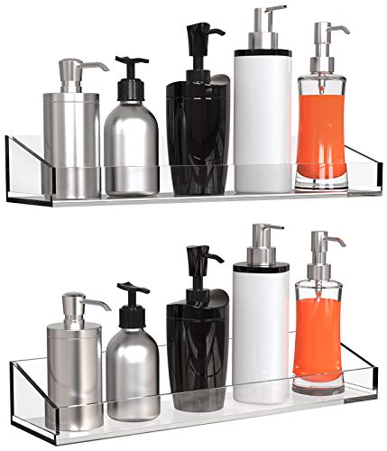 Vdomus Acrylic Bathroom Shelves, Wall Mounted no Drilling Thick Clear Storage & Display shelvings, 2 Pack (Original) and Acrylic Corner Shower Shelf 2 Pack with Adhesive, Wall Mount Bathroom