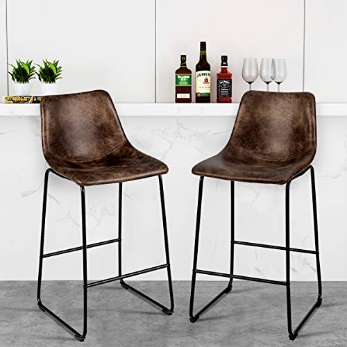 COSTWAY Set of 4 Bar Stool, Vintage Faux Suede Bar Stools, with Metal Legs, Back and Footrest, Upholstered Stool Chairs for Home Kitchen, Pub (Grey, 4)