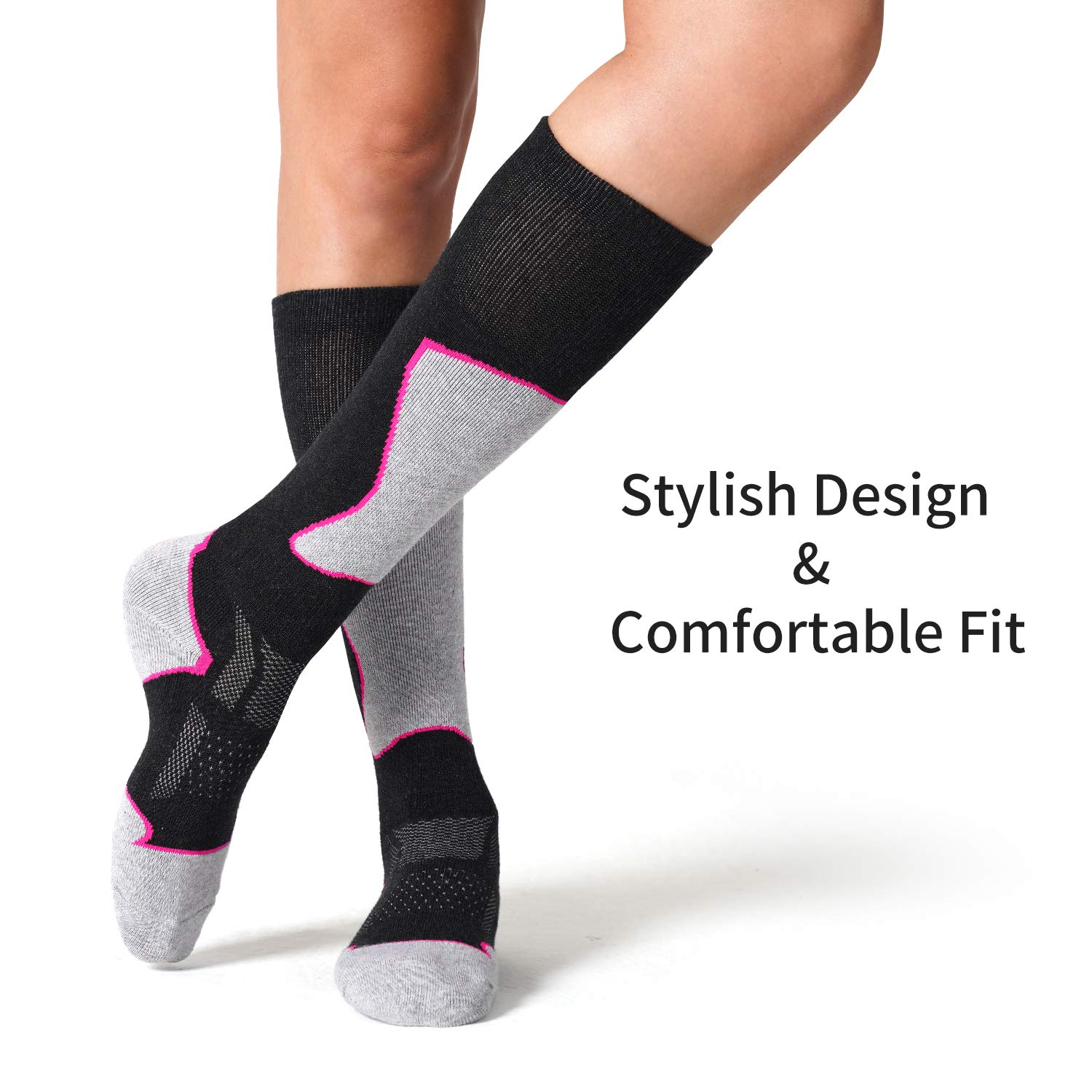 CelerSport 2 Pack Women's Ski Socks for Skiing, Snowboarding, Cold Weather, Warm Thermal Socks Winter Performance Socks Gifts for Women, Black+Rose Red, Medium