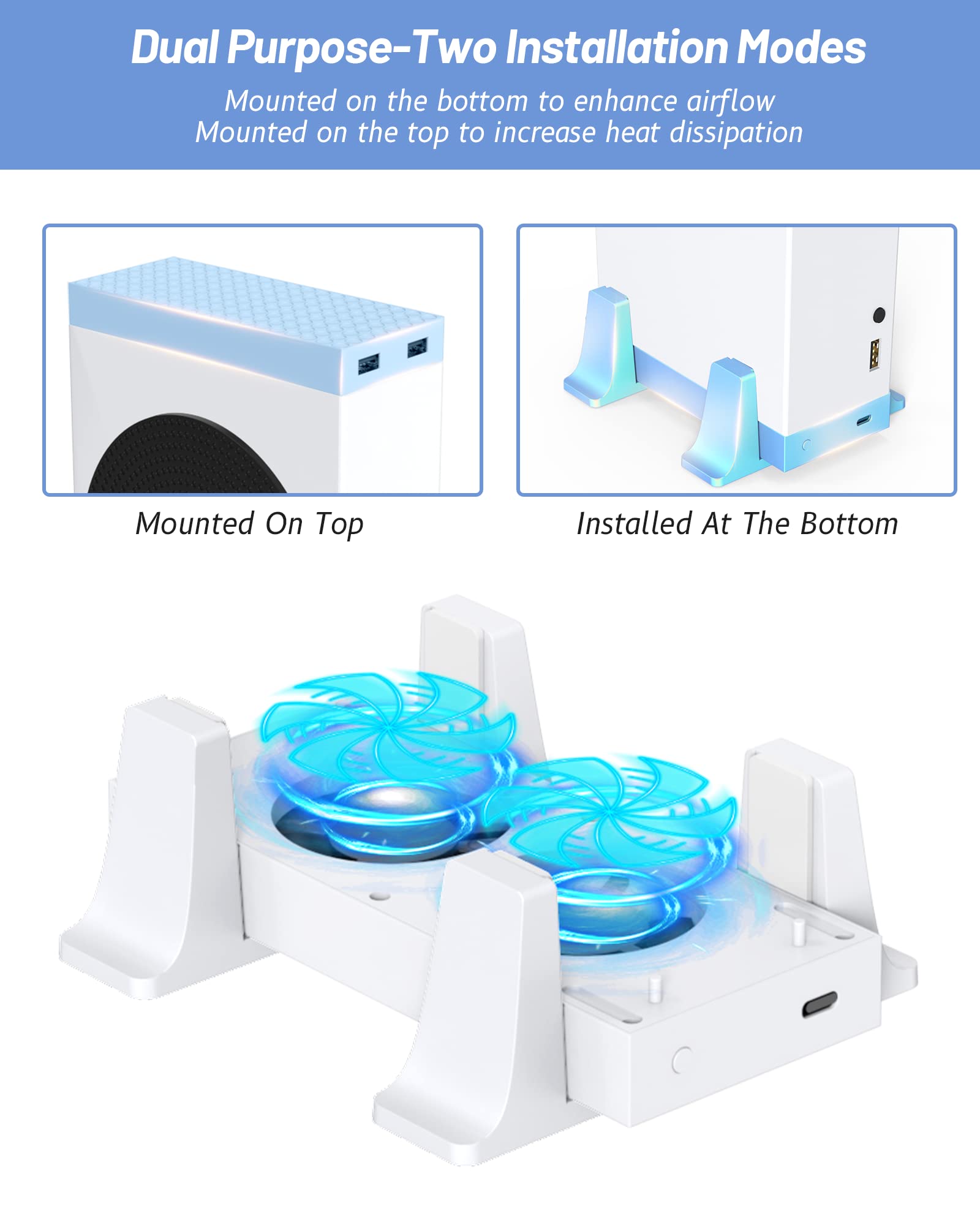 Cooling Stand with Fan for Xbox Series S - ZAONOOL Fan Cooling System - Cooler Fan with 3 Level Speed & 2 USB Ports - Top or Bottom Dual Purpose High Speed Fan for Xbox Series S Console Accessories