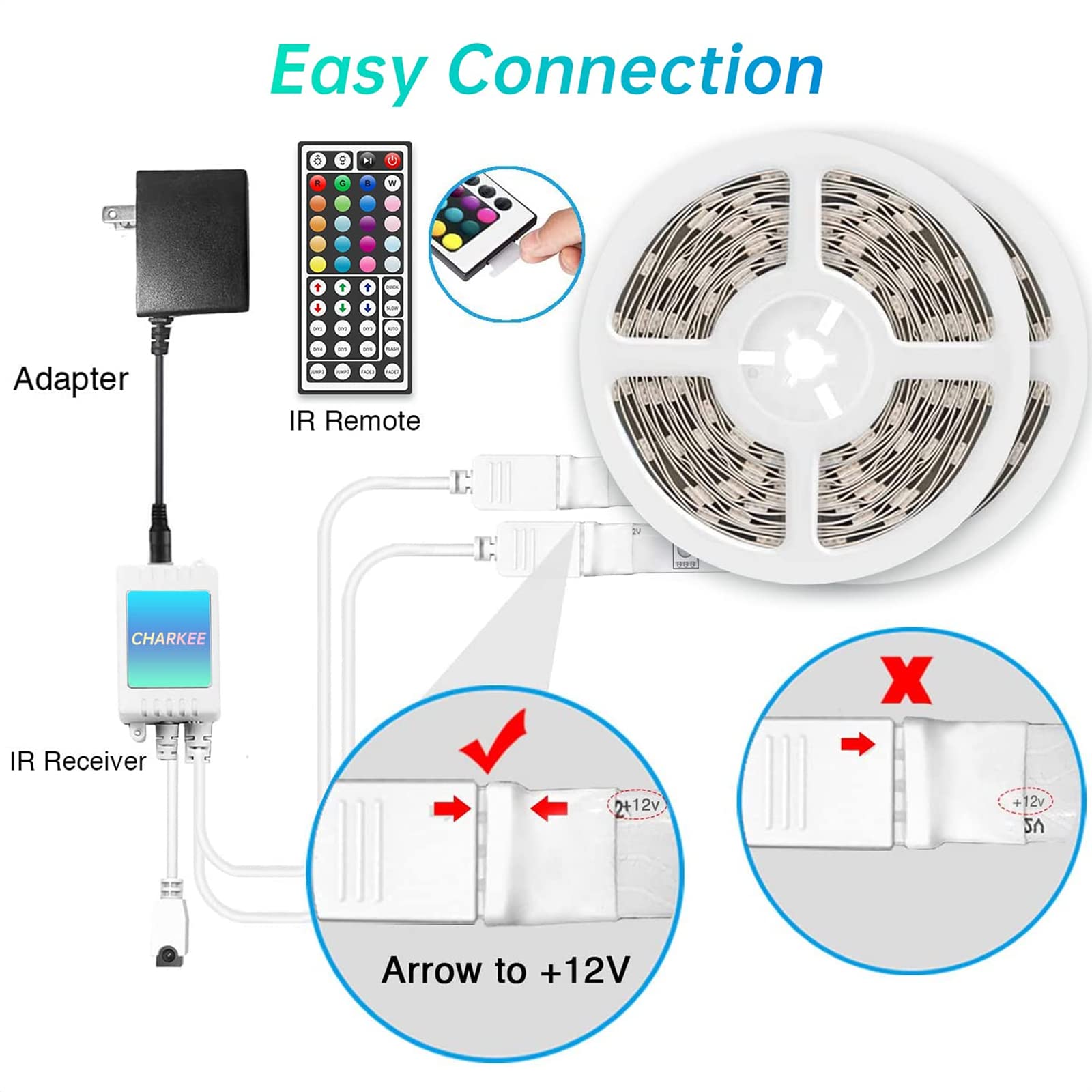 CHARKEE Outdoor LED Strip Lights Waterproof 32.8ft (16.4ft*2), LED Tape Lights with Remote, RGB Light Strips Outdoor, Room Lights Color Changing for Bedroom, 12V LED Light Strip Waterproof