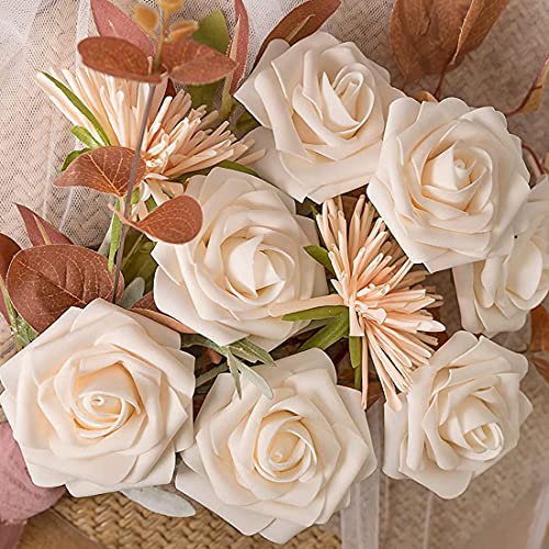 Higfra Artificial Flowers 25pcs Real Looking Fake Roses with Stems for DIY Wedding Bouquets Baby Shower (Champagne)
