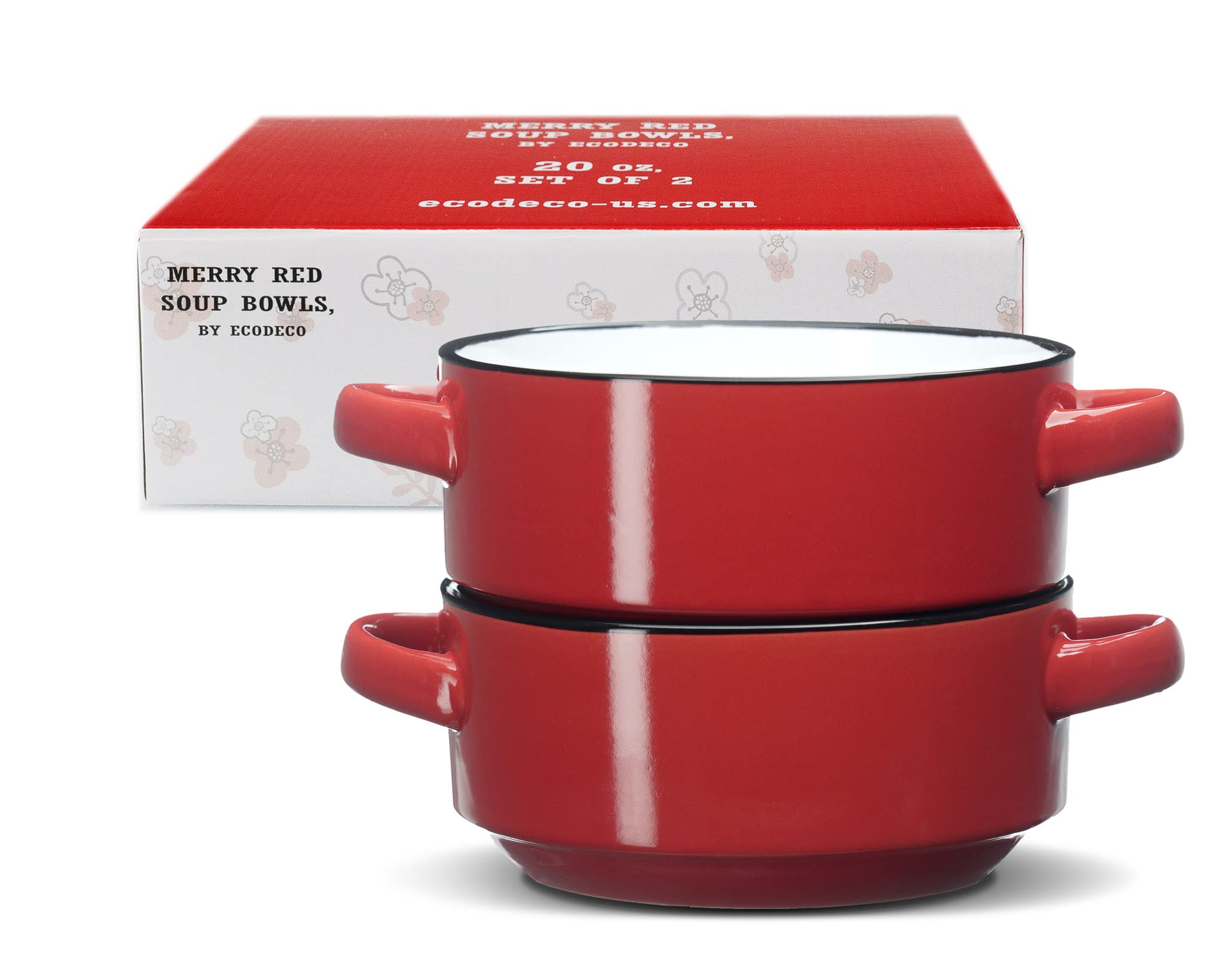 ECODECO Baking Serving Ceramic Red Soup Bowls with Handles - 16 Ounce - Set of 2 - Chowder Bisque Pot Pie Crocks