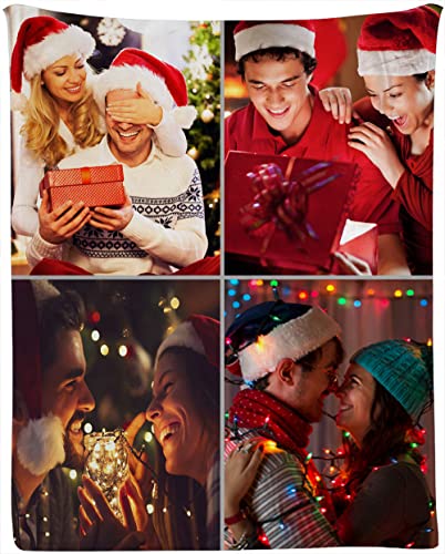 MAZU Custom Blanket Personalized with Photo Collage or Any Text Logo Throw Blankets, Christmas, Birthday Anniversary Wedding Gifts Customized Gift for Dad, Mom, Friends or Couples, 4 Photos Collage
