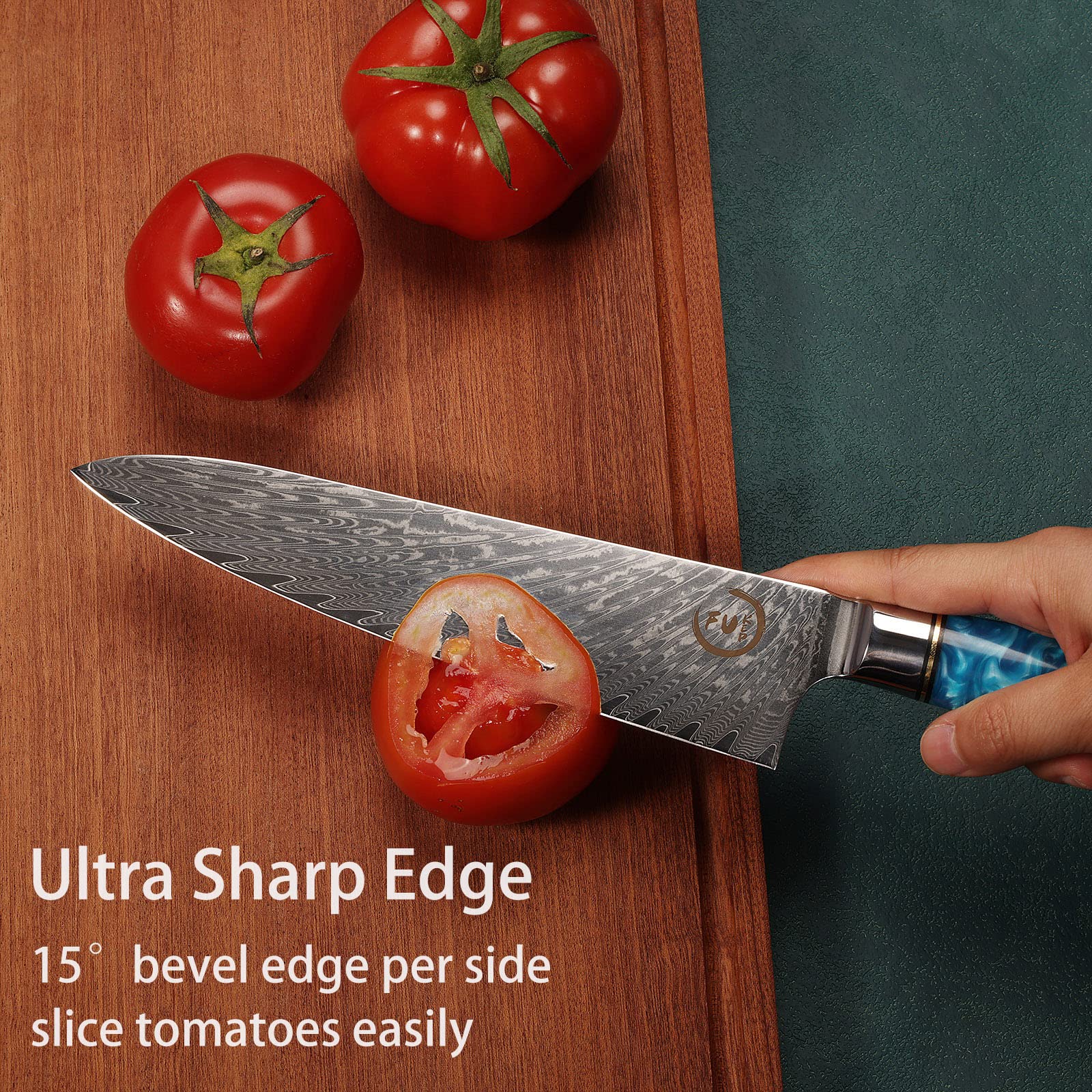 Chef Knife 8 inch, Fukep Damascus Chef Knife VG10 Core Steel with 66-Layers High Carbon Professional Sharp Chefs Knife 8" Blade Ergonomic Beautiful Blue Resin Handle Gift Boxed