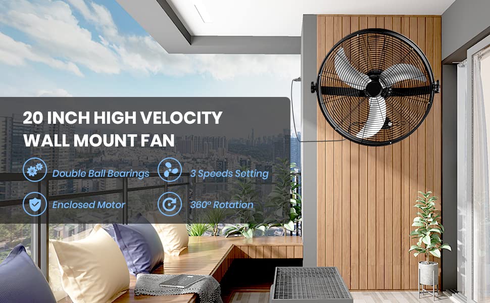 InfiniPower 20 Inch High Velocity Wall Mount Fan with Rack, 3 Speed Industrial/Commercial Metal Ventilation Fan