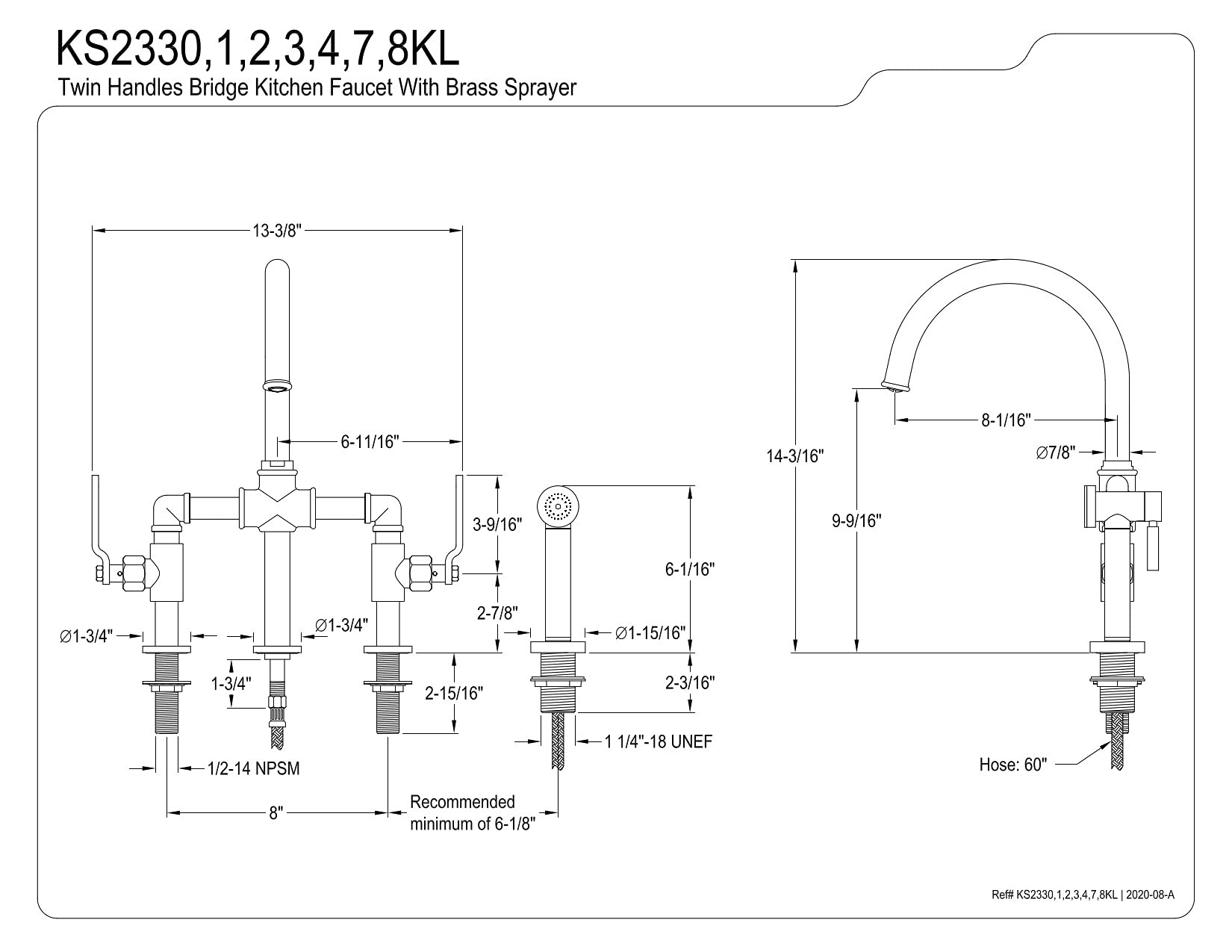 Kingston Brass KS2338KL Whitaker Bridge Kitchen Faucet, Brushed Nickel